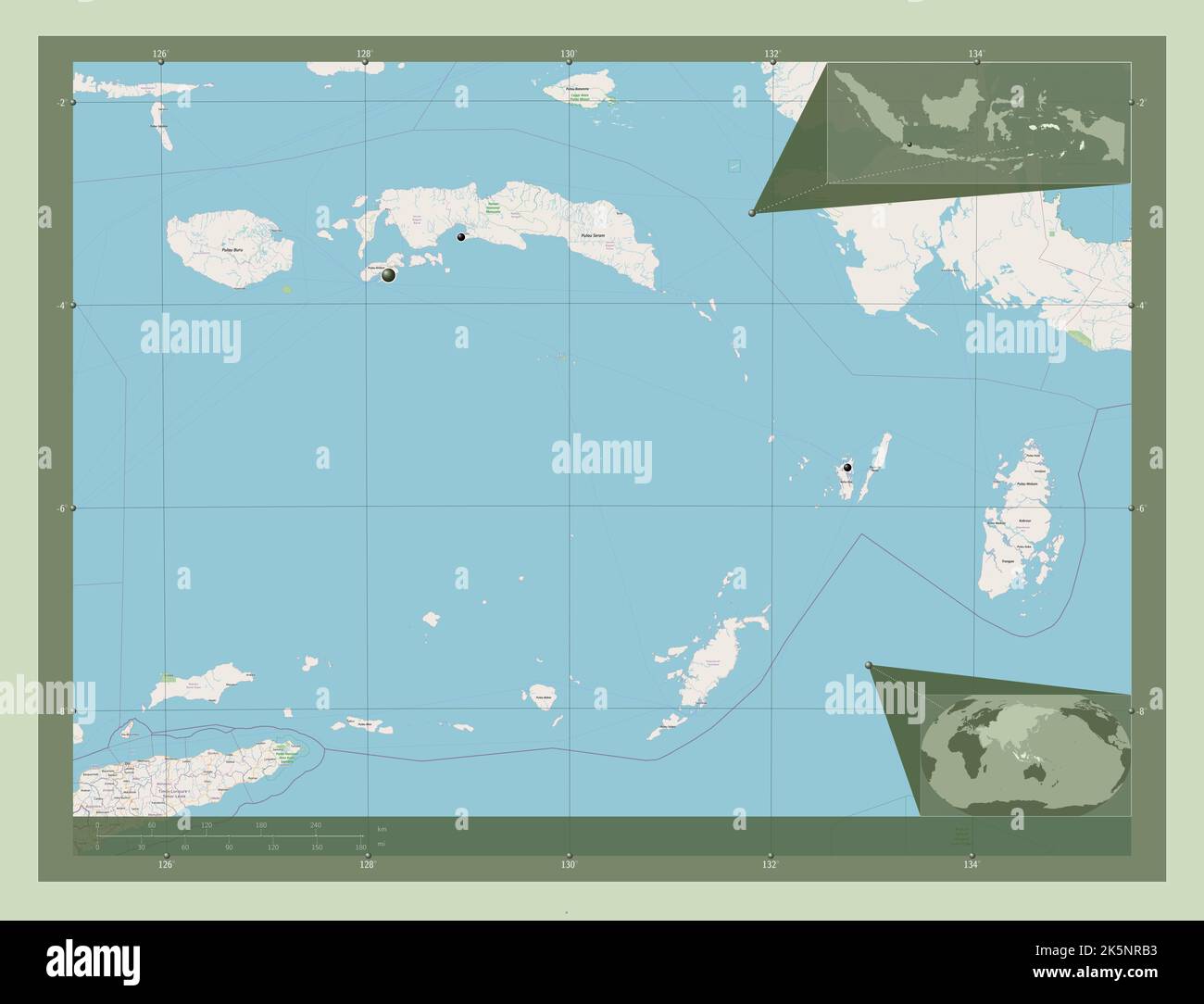 Maluku, province of Indonesia. Open Street Map. Locations of major ...