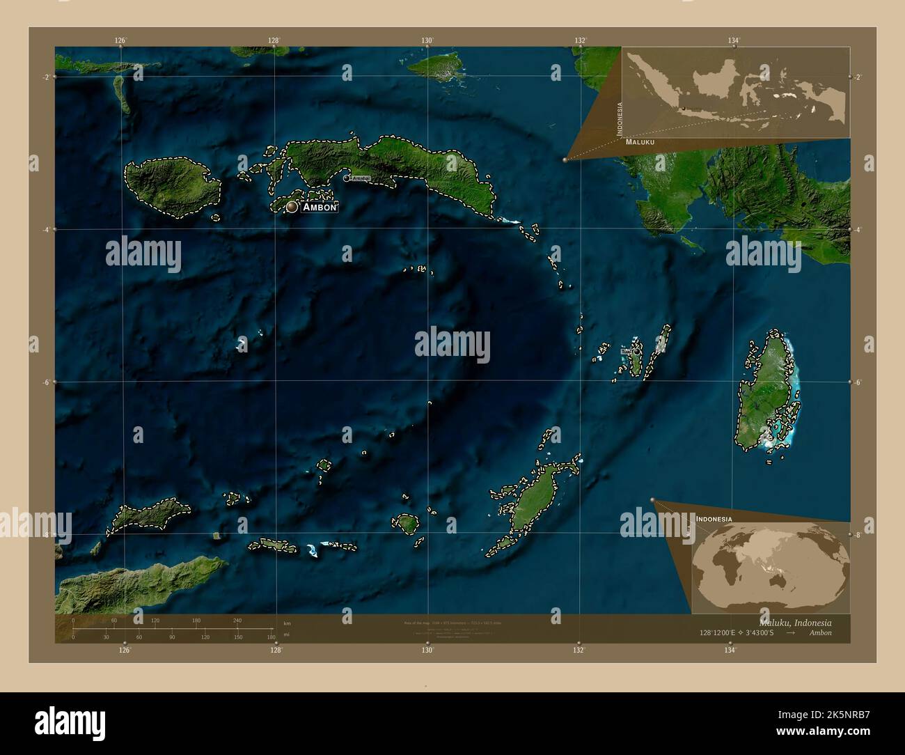 Maluku, province of Indonesia. Low resolution satellite map. Locations ...