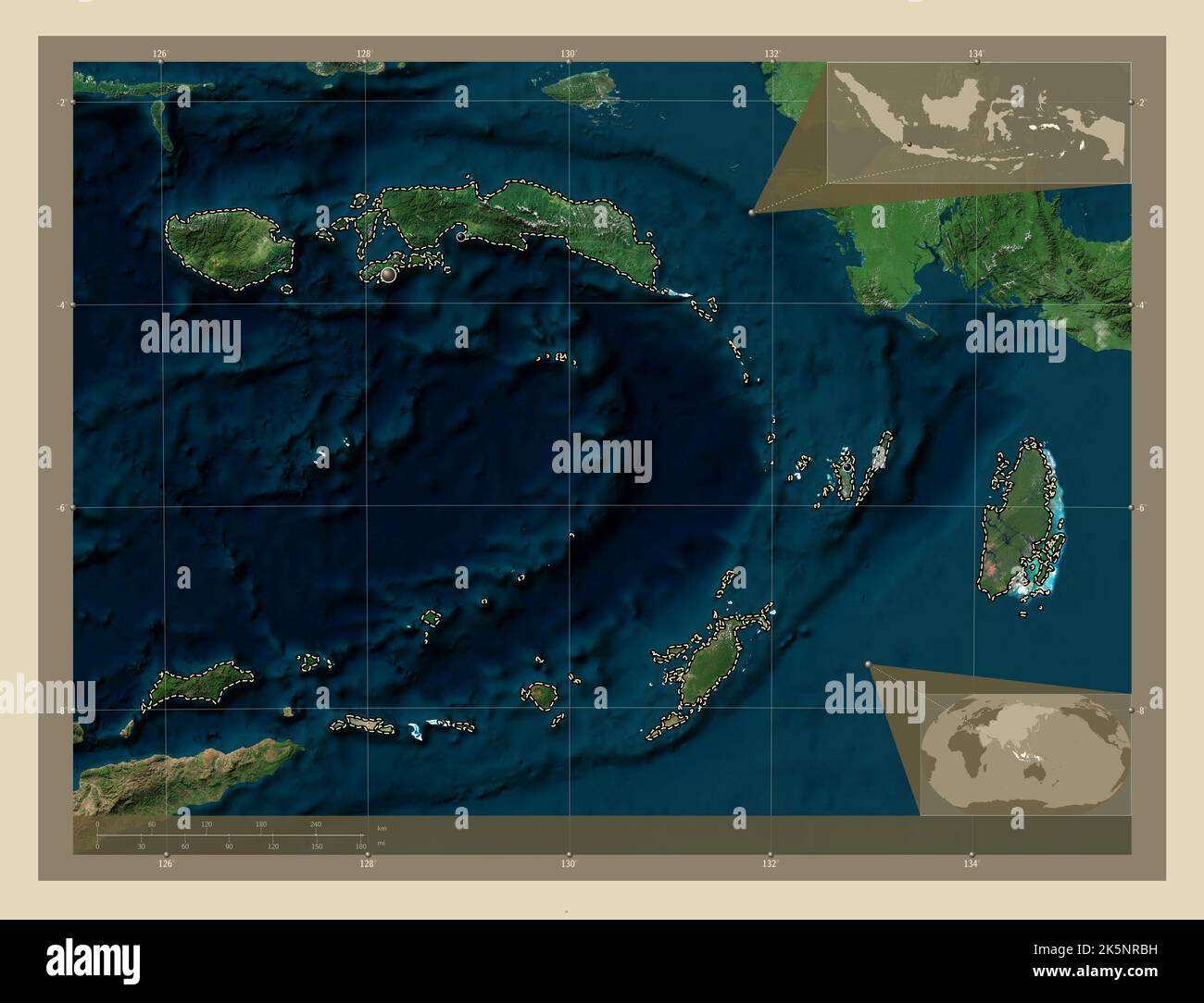 Maluku, province of Indonesia. High resolution satellite map. Locations ...