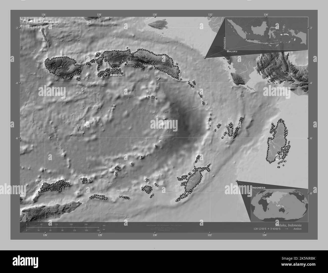 Maluku, province of Indonesia. Grayscale elevation map with lakes and ...