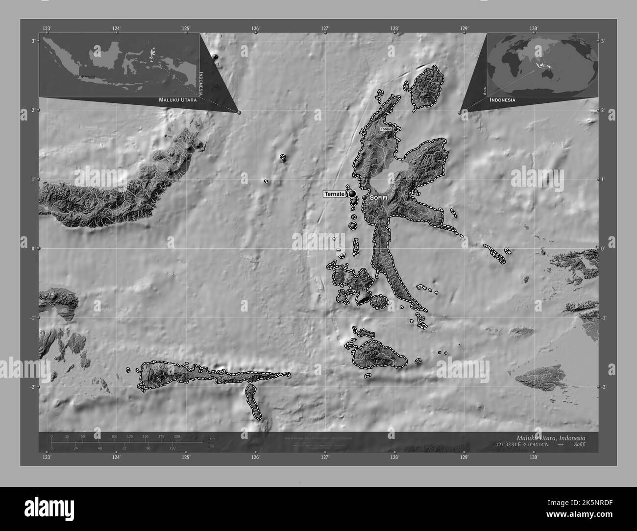 Maluku Utara, province of Indonesia. Bilevel elevation map with lakes ...