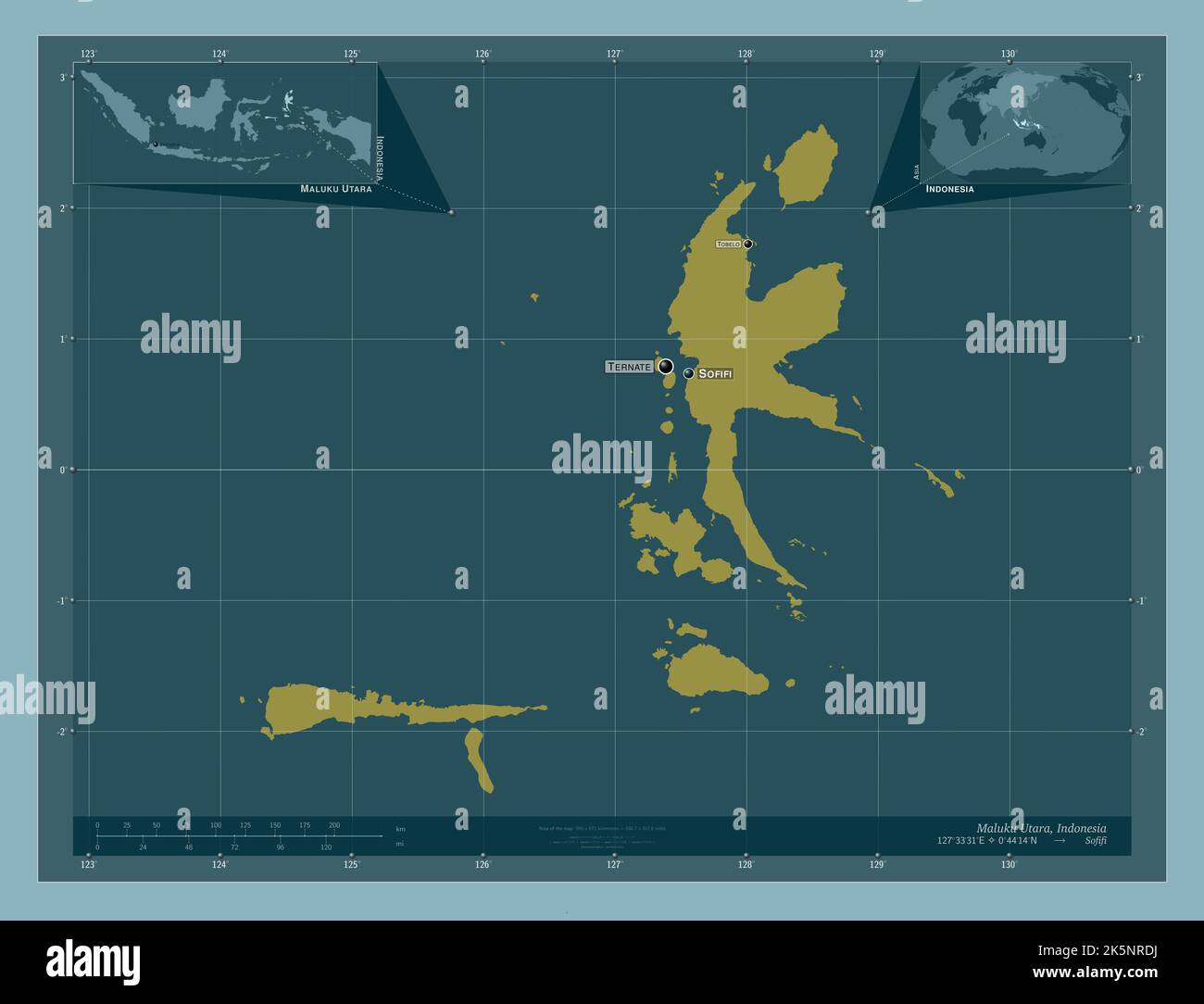 Maluku Utara, province of Indonesia. Solid color shape. Locations and ...