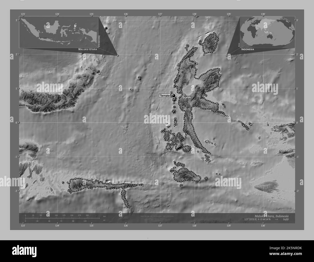 Maluku Utara, province of Indonesia. Grayscale elevation map with lakes ...