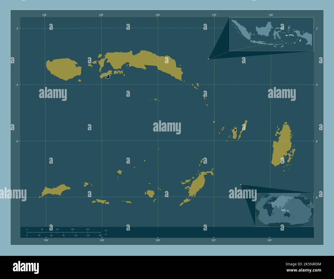 Maluku, province of Indonesia. Solid color shape. Locations of major ...