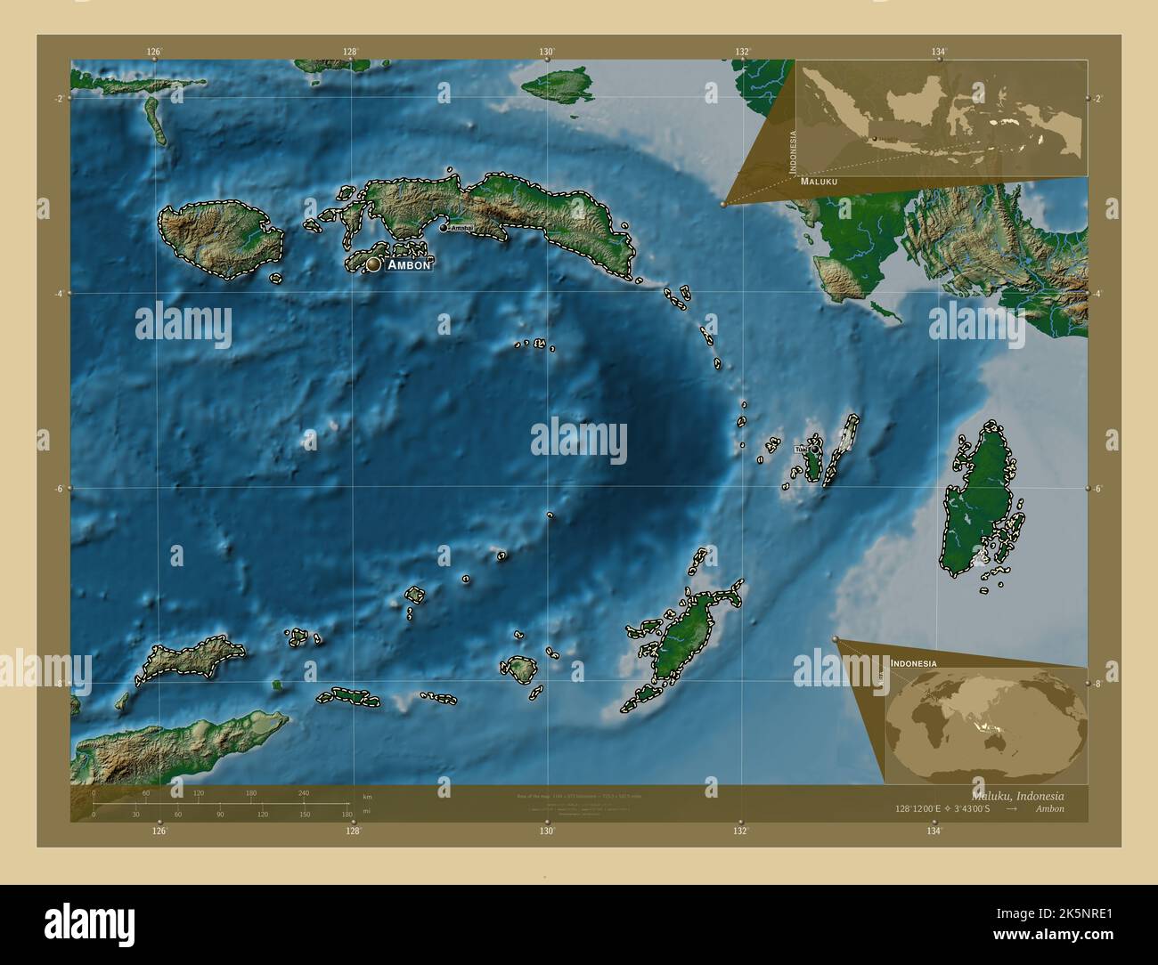 Maluku, province of Indonesia. Colored elevation map with lakes and ...