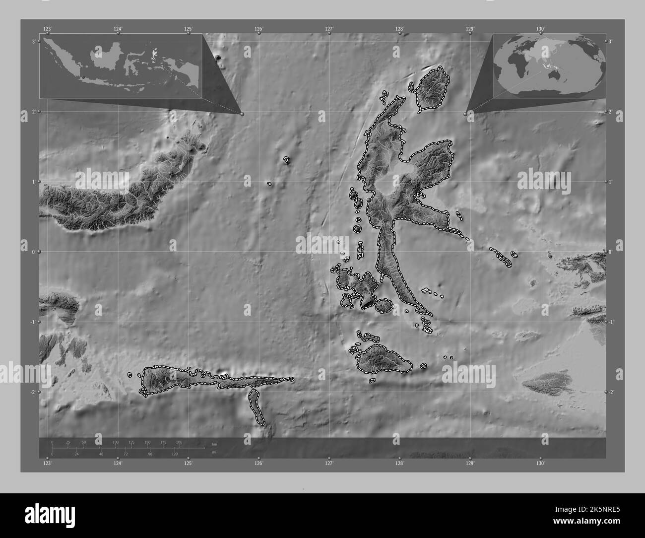 Maluku Utara, province of Indonesia. Grayscale elevation map with lakes ...