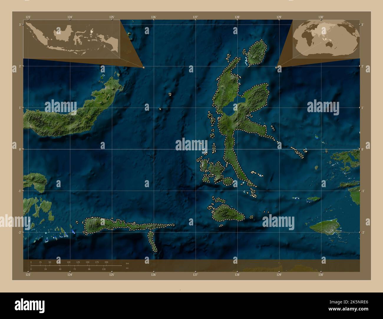 Maluku Utara, province of Indonesia. Low resolution satellite map. Corner auxiliary location ...