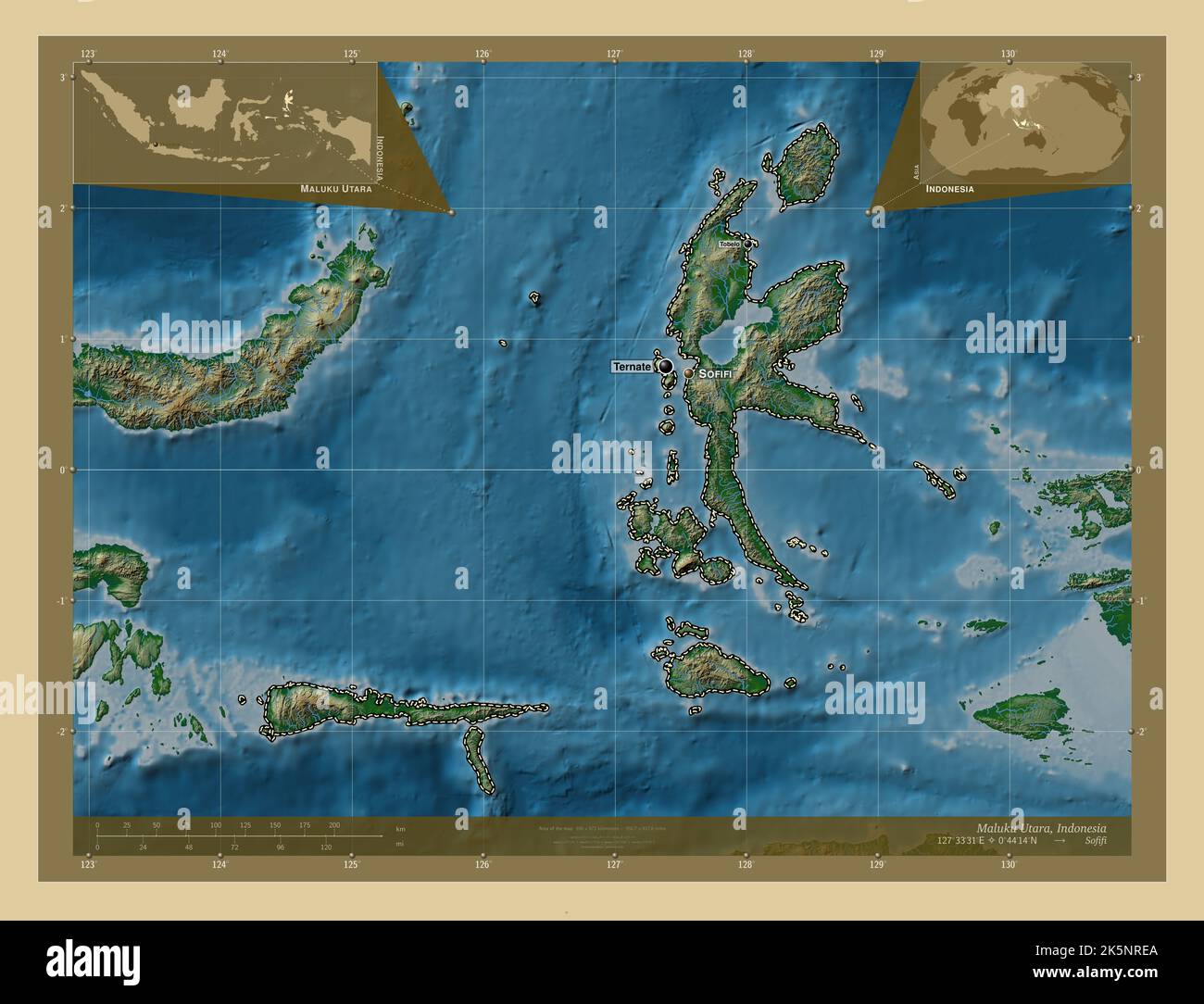 Maluku Utara, province of Indonesia. Colored elevation map with lakes ...
