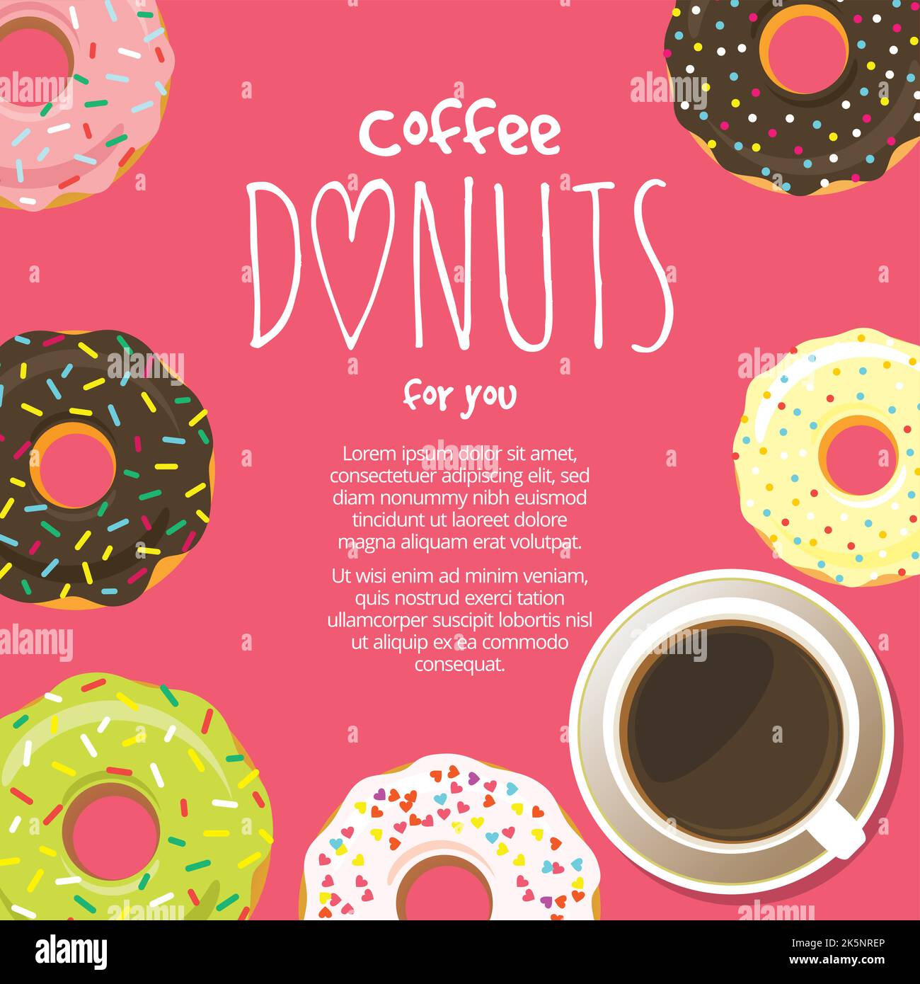 Cup of coffee or hot chocolate and donuts around. Sweet icing doughnuts ...