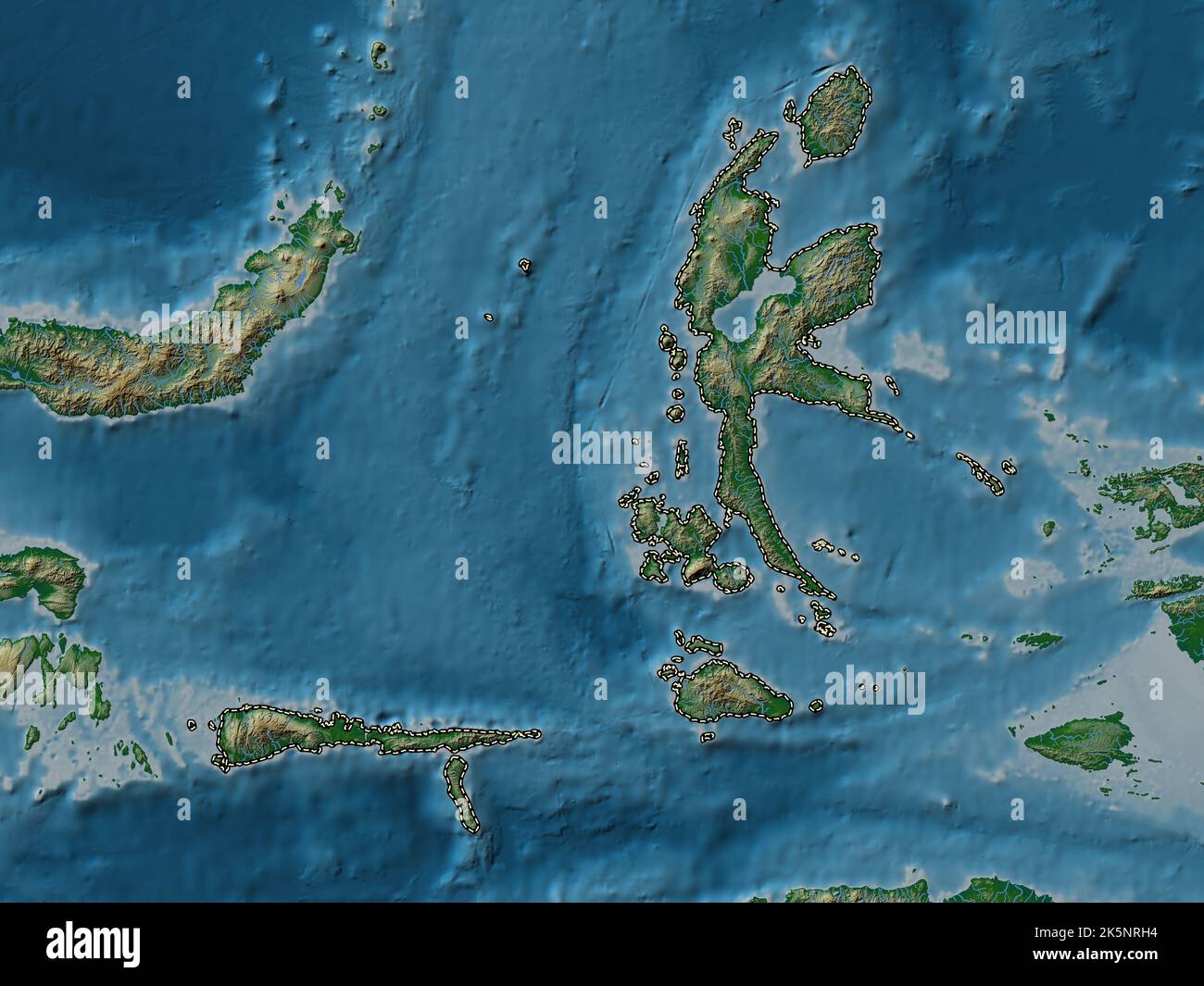 Maluku Utara, province of Indonesia. Colored elevation map with lakes ...