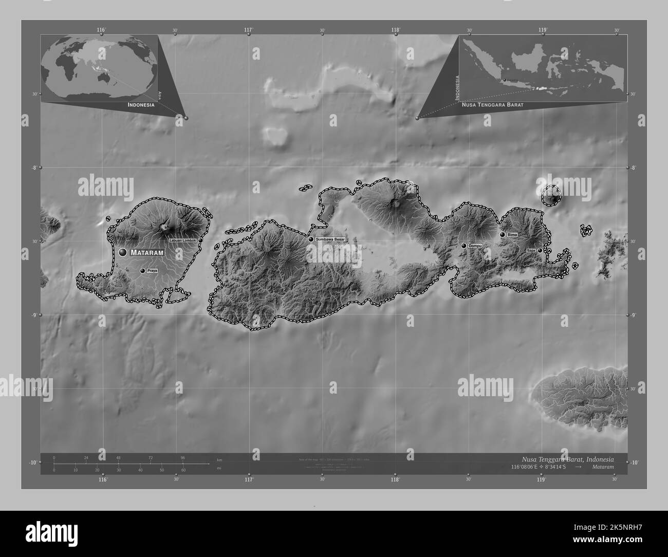 Nusa Tenggara Barat, province of Indonesia. Grayscale elevation map ...
