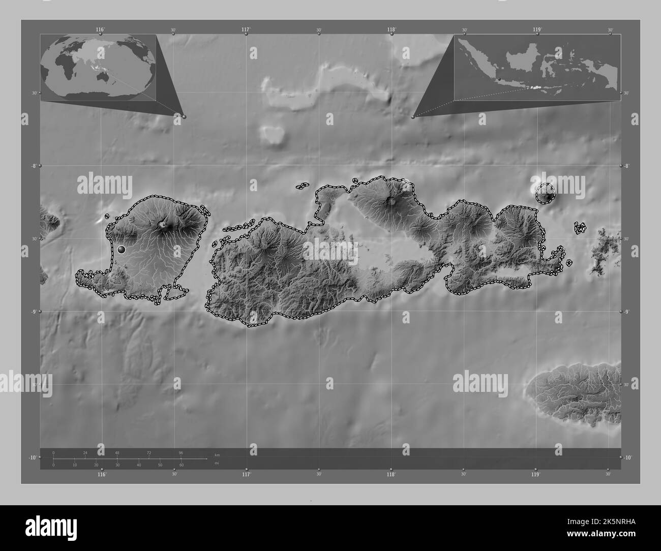 Nusa Tenggara Barat, province of Indonesia. Grayscale elevation map ...