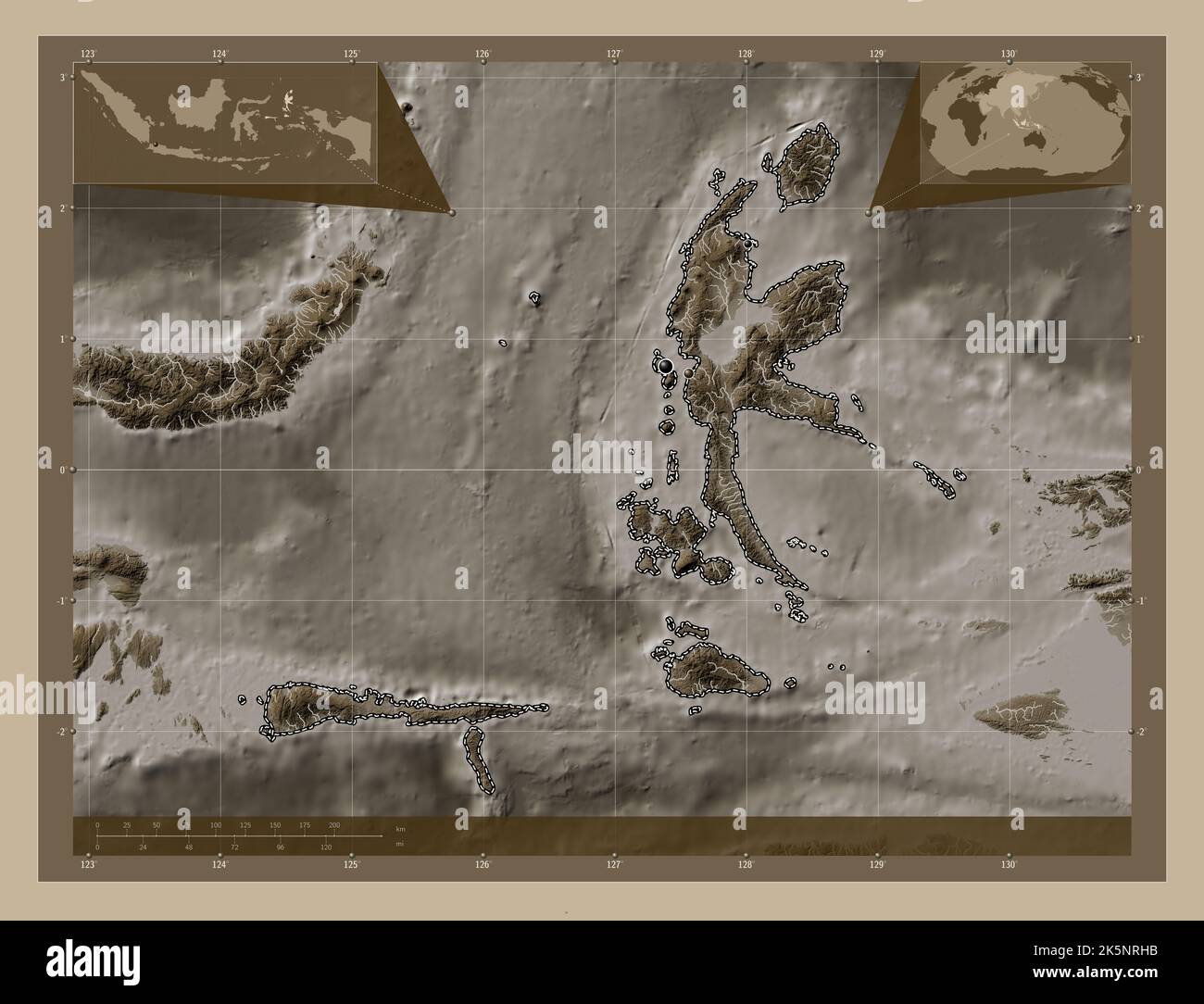 Maluku Utara, province of Indonesia. Elevation map colored in sepia ...
