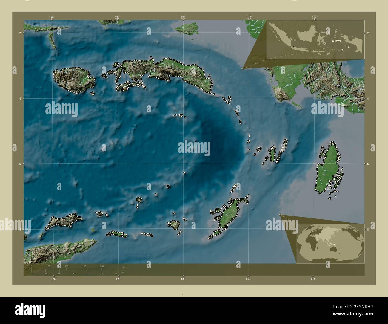 Maluku, province of Indonesia. Elevation map colored in wiki style with ...