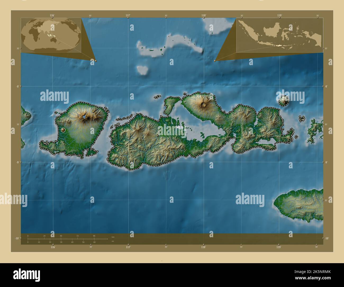 Nusa Tenggara Barat, province of Indonesia. Colored elevation map with ...