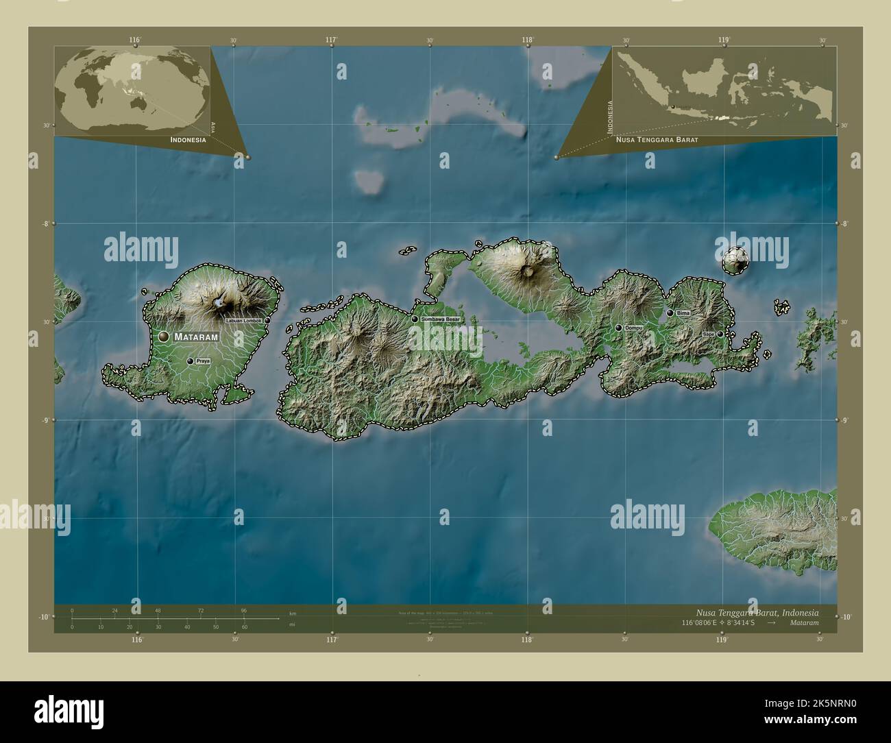 Nusa Tenggara Barat, province of Indonesia. Elevation map colored in ...