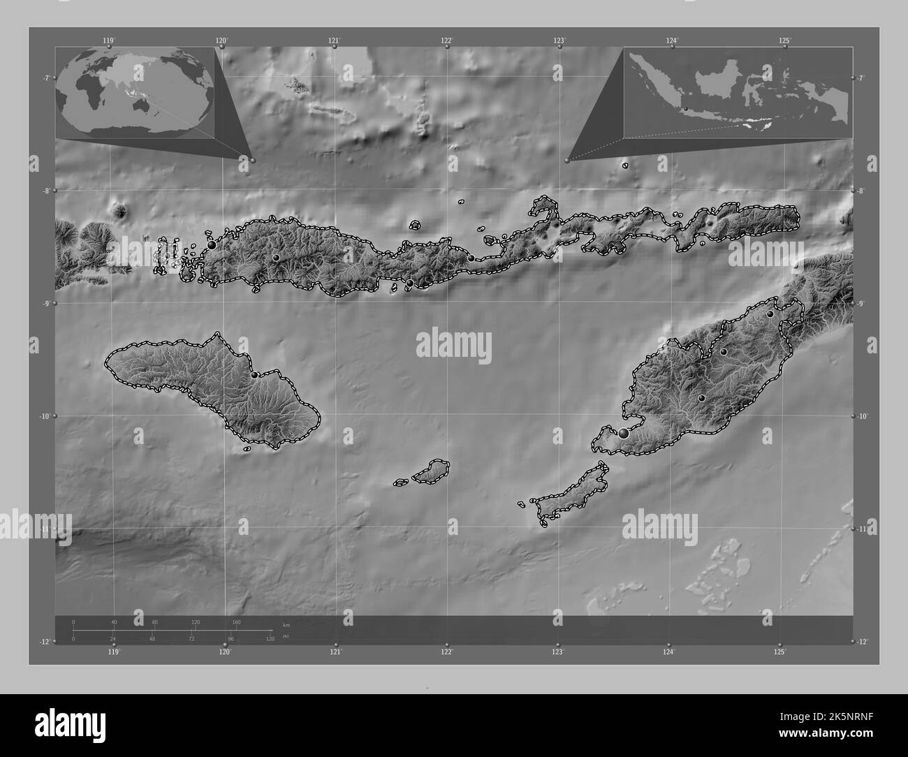 Nusa Tenggara Timur, province of Indonesia. Grayscale elevation map ...