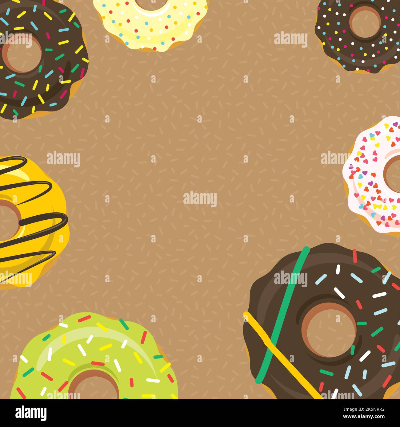 Colorful donuts around beige blank space. Sweet icing doughnuts in the ...