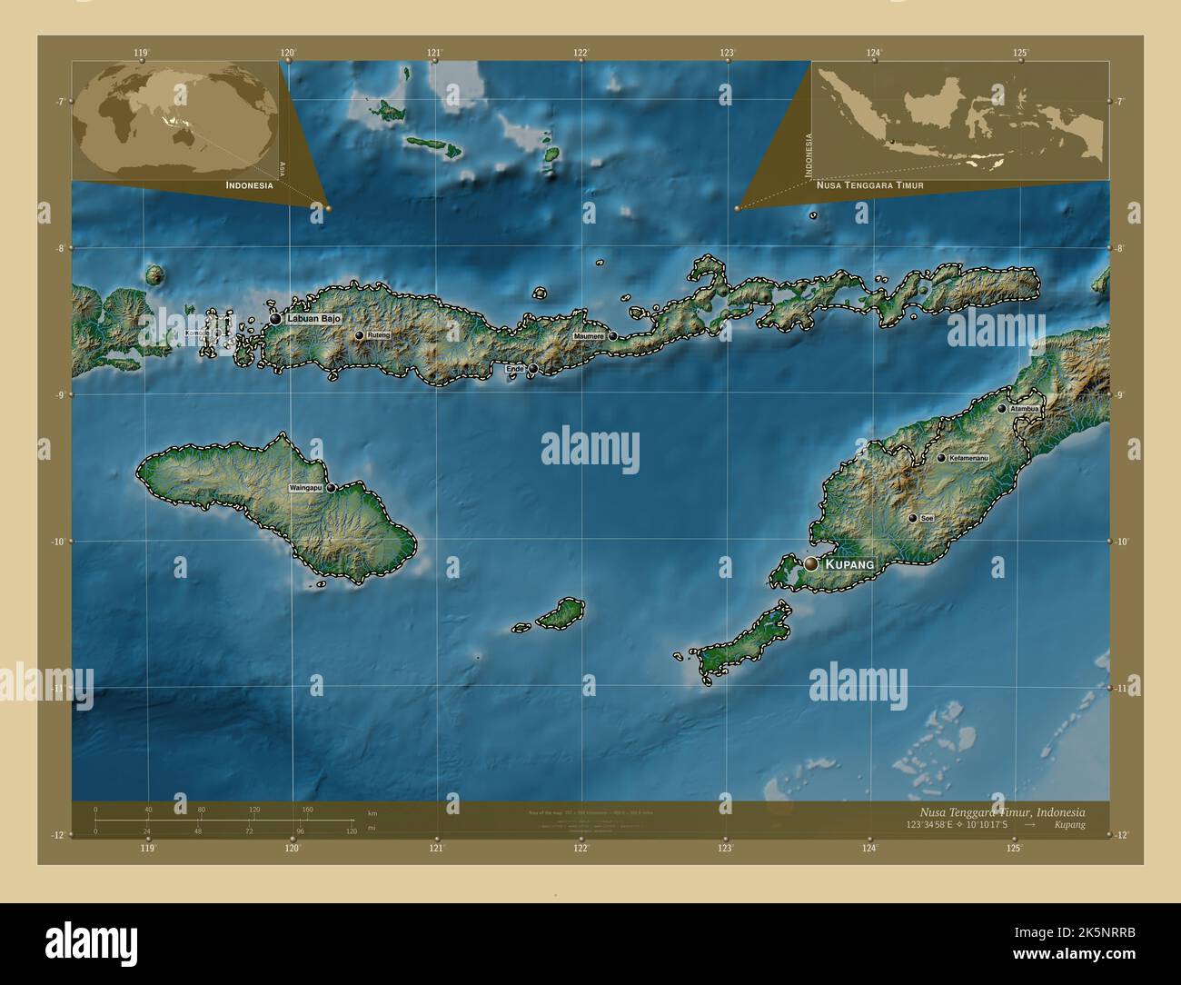 Nusa Tenggara Timur, province of Indonesia. Colored elevation map with ...