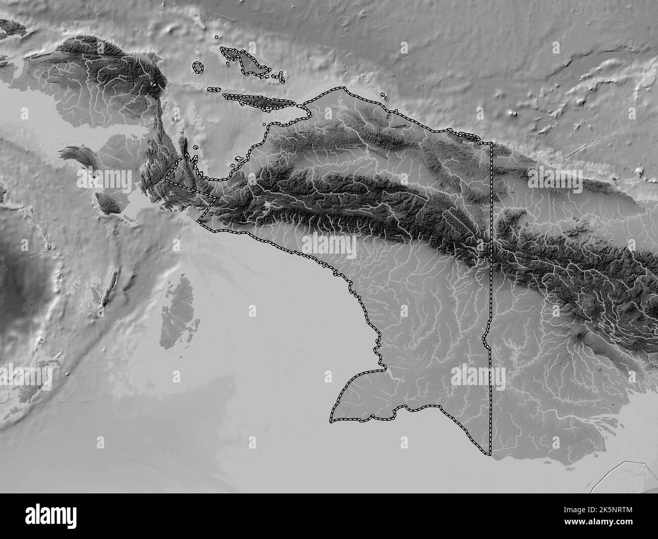 Papua, province of Indonesia. Grayscale elevation map with lakes and ...