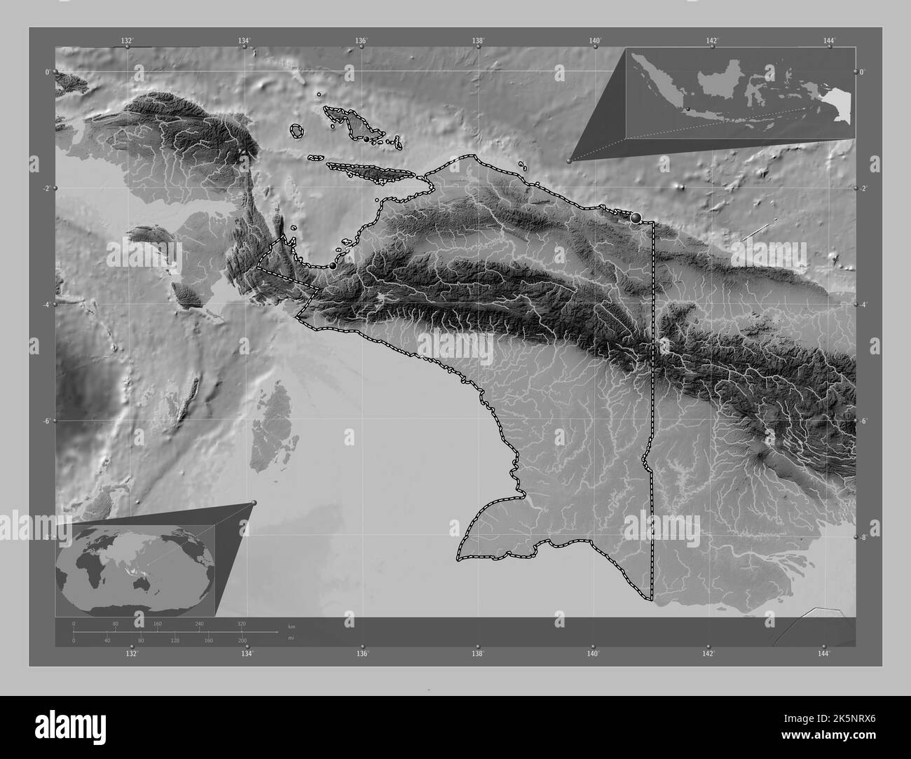Papua, province of Indonesia. Grayscale elevation map with lakes and ...