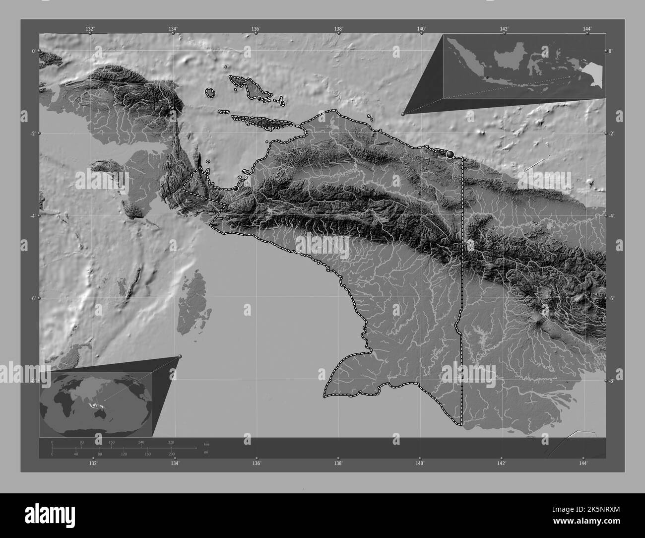 Papua, province of Indonesia. Bilevel elevation map with lakes and ...