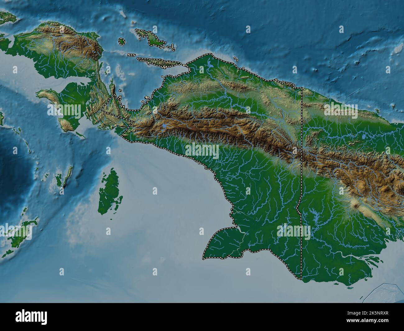 Papua, province of Indonesia. Colored elevation map with lakes and ...