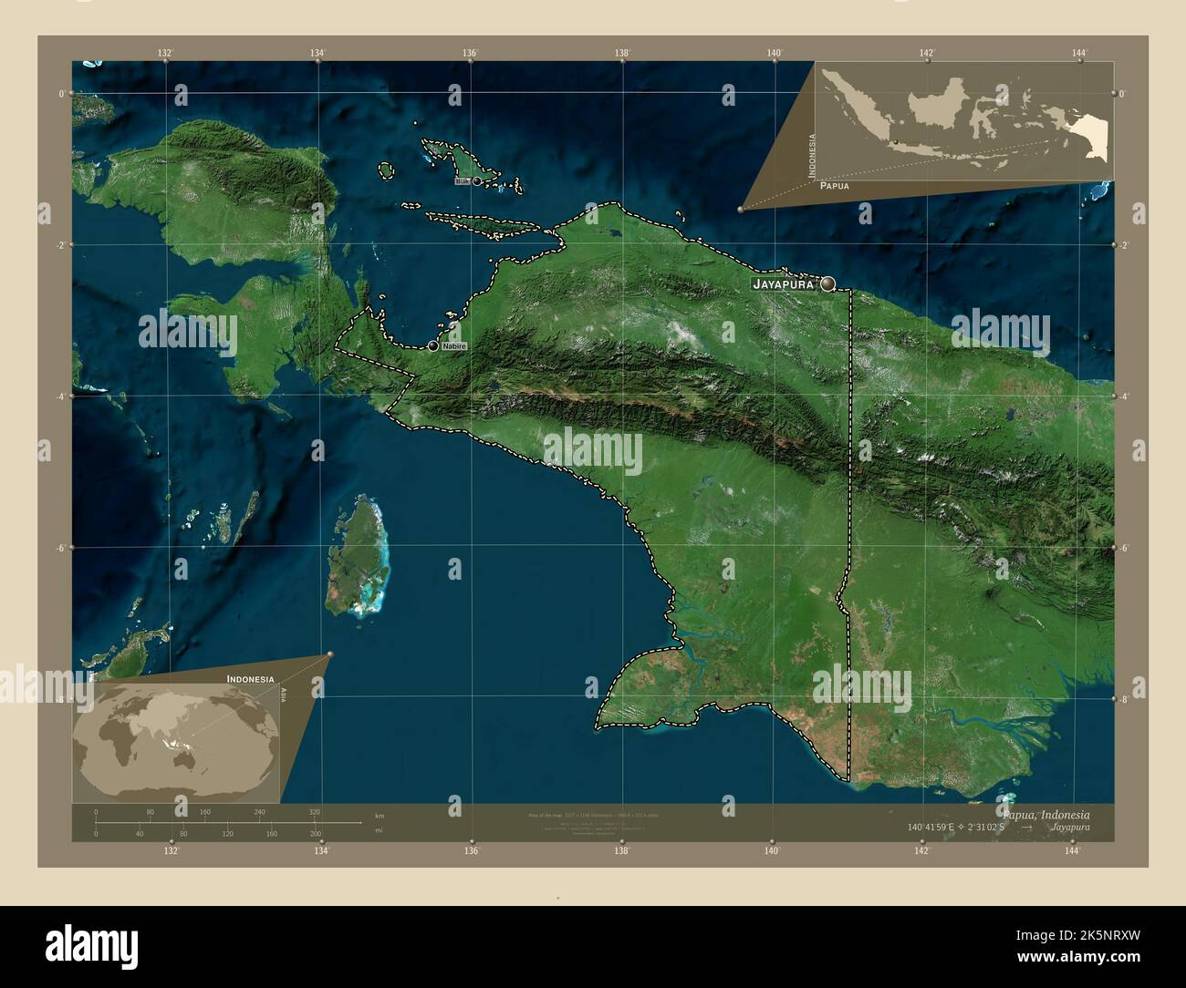 Papua, province of Indonesia. High resolution satellite map. Locations ...