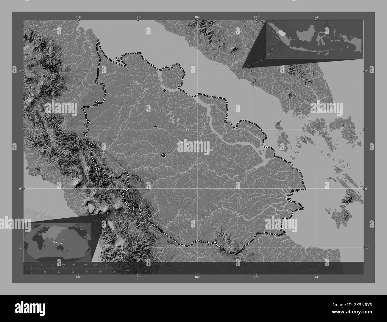 Riau, province of Indonesia. Bilevel elevation map with lakes and ...