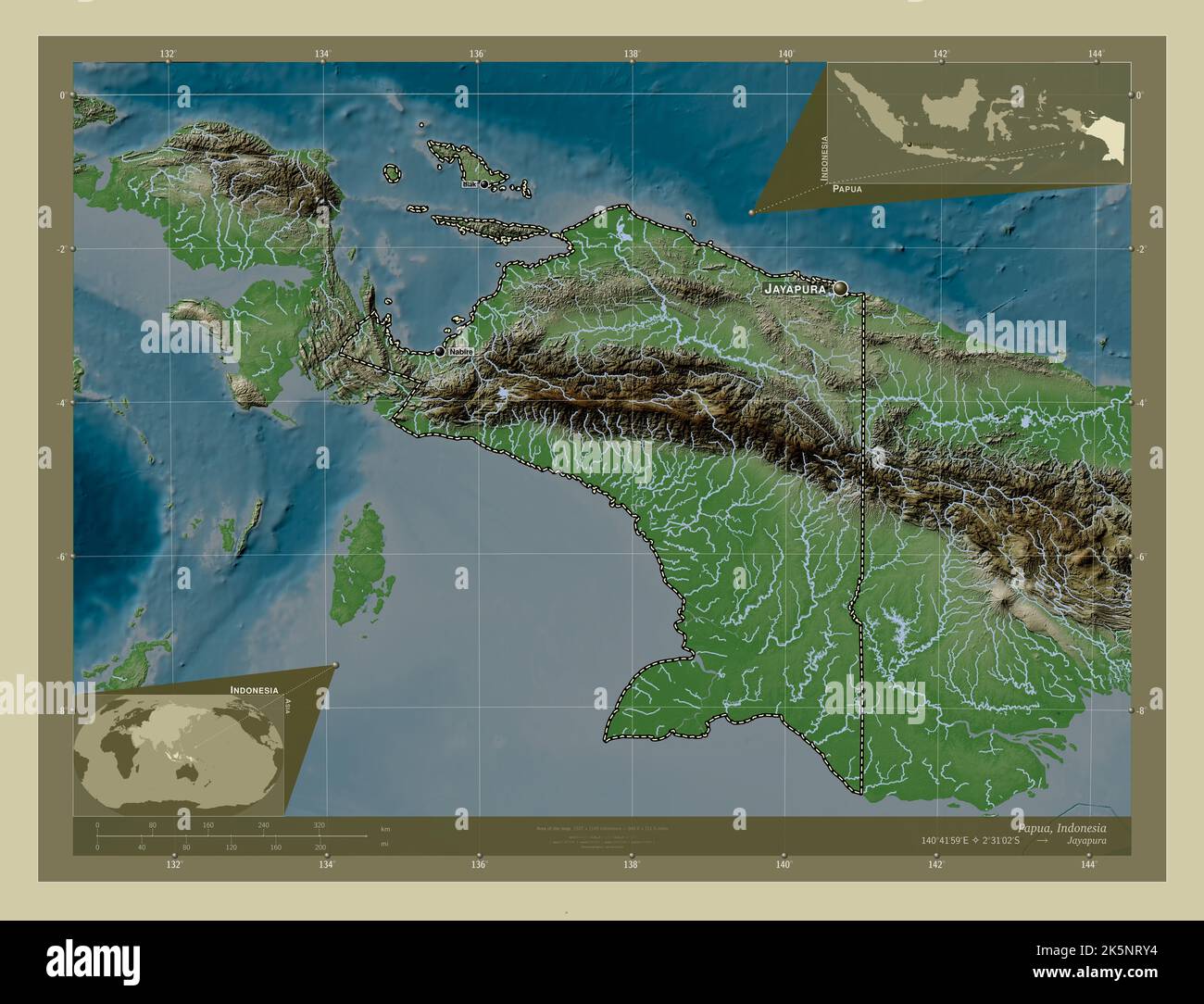 Papua, province of Indonesia. Elevation map colored in wiki style with ...