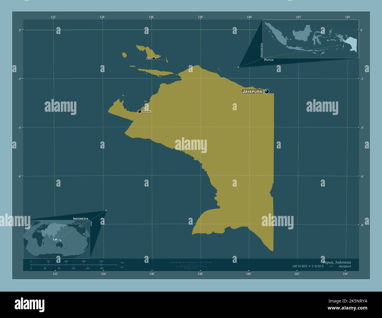 Papua, province of Indonesia. Solid color shape. Locations and names of ...