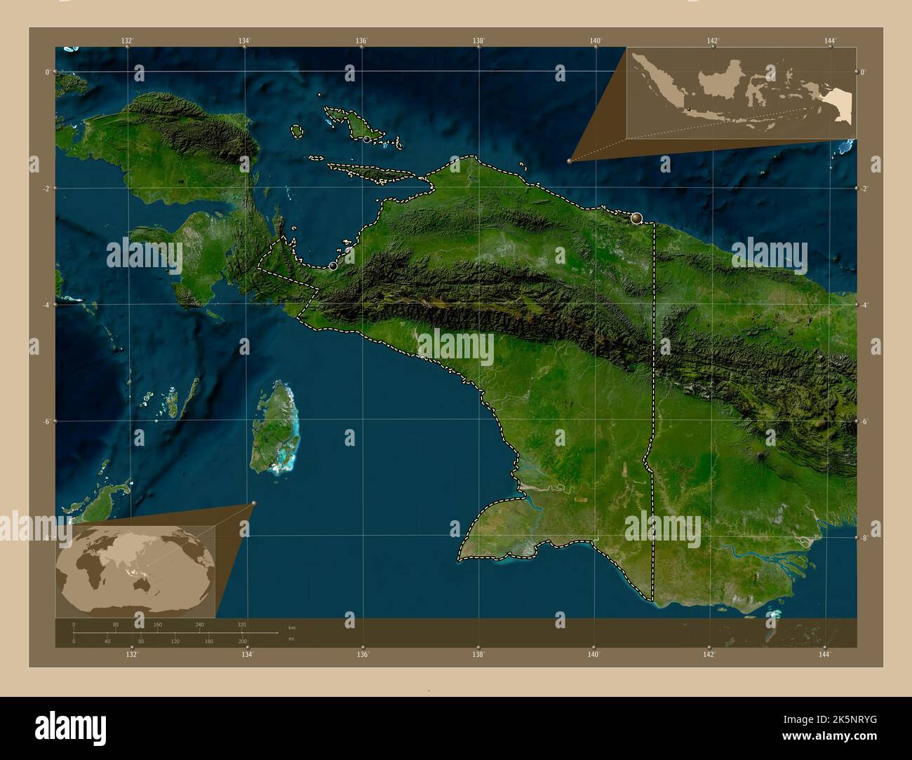 Papua, province of Indonesia. Low resolution satellite map. Locations ...