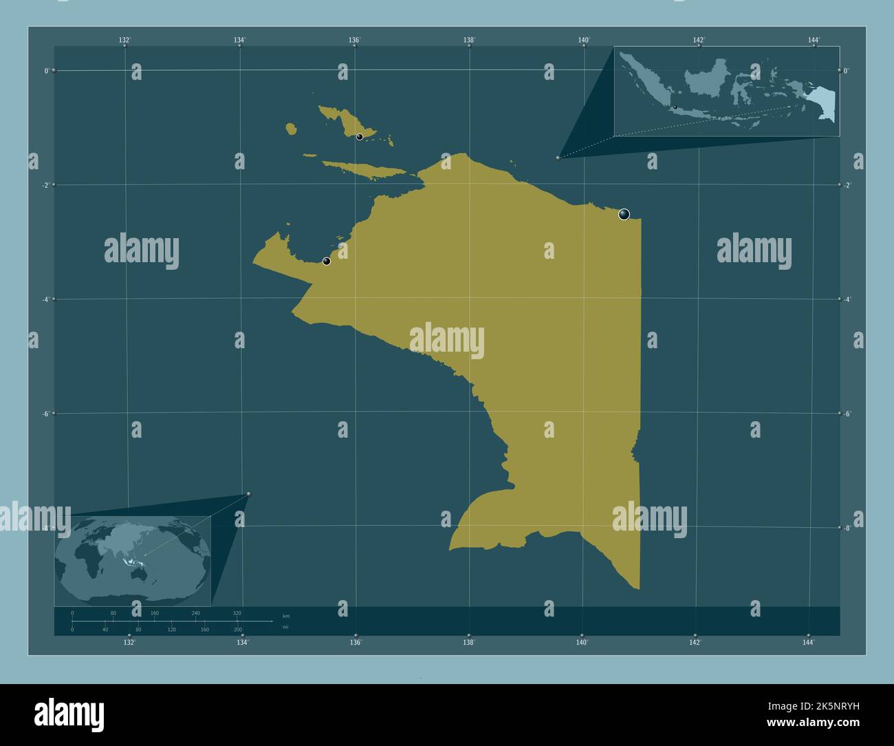 Papua, province of Indonesia. Solid color shape. Locations of major ...