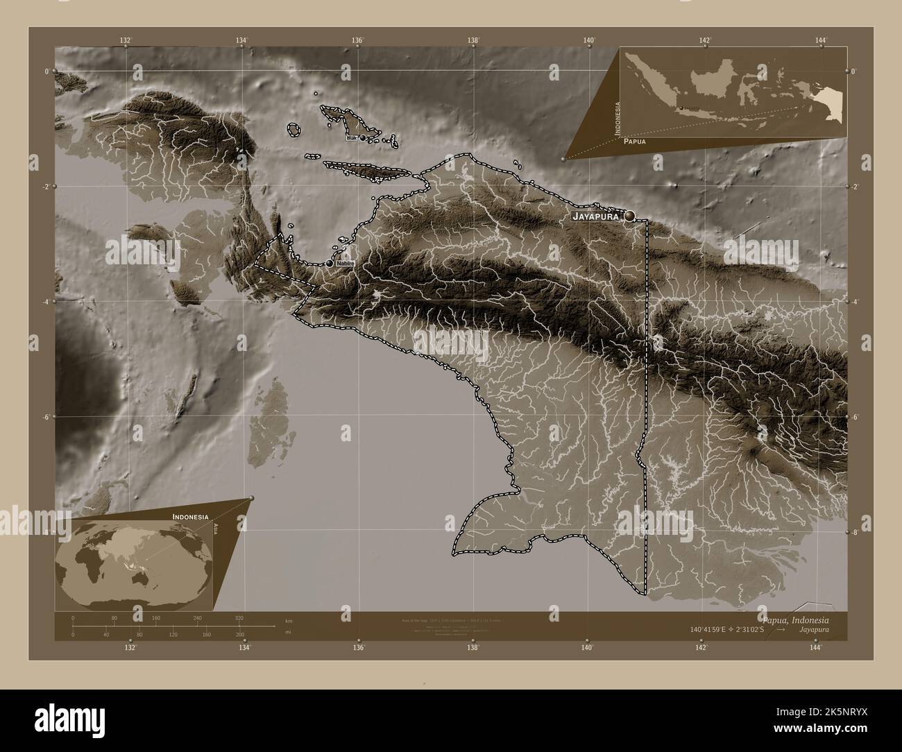 Papua, province of Indonesia. Elevation map colored in sepia tones with ...