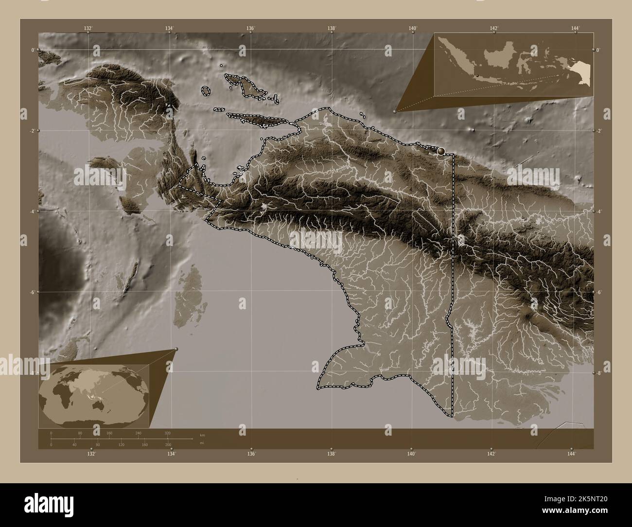 Papua, province of Indonesia. Elevation map colored in sepia tones with ...