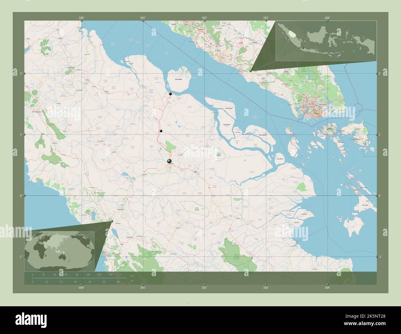 Riau, province of Indonesia. Open Street Map. Locations of major cities ...