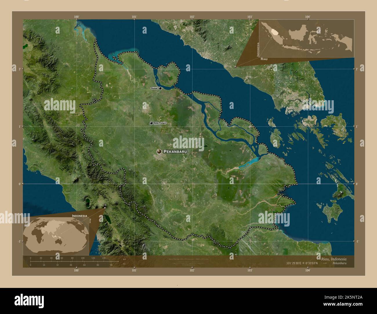 Riau, province of Indonesia. Low resolution satellite map. Locations ...