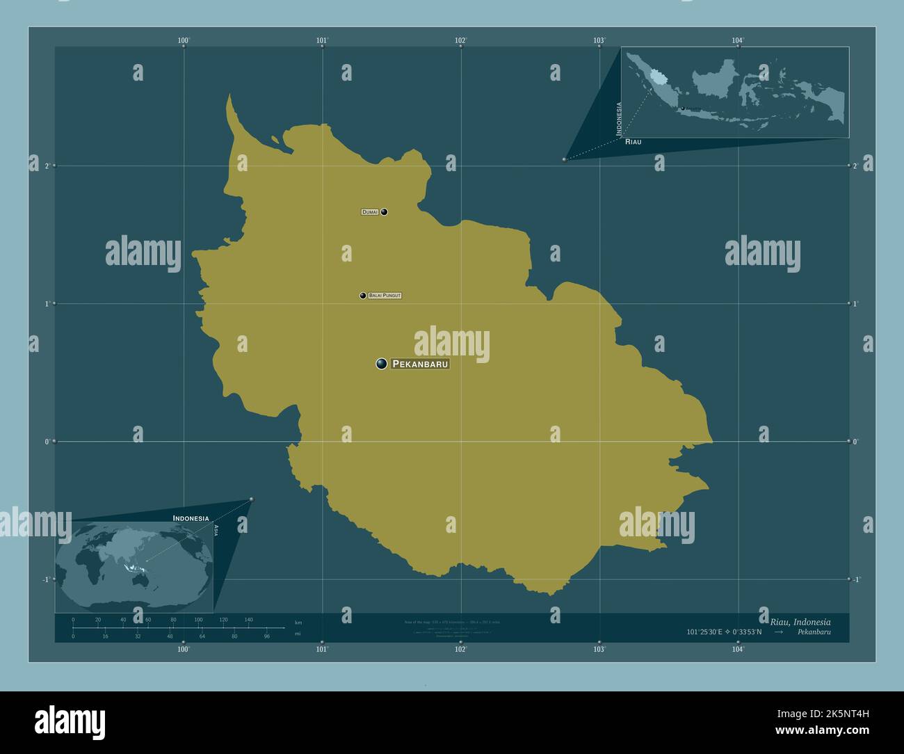 Riau, province of Indonesia. Solid color shape. Locations and names of ...