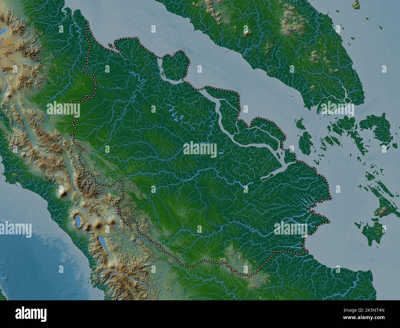 Riau, province of Indonesia. Colored elevation map with lakes and ...