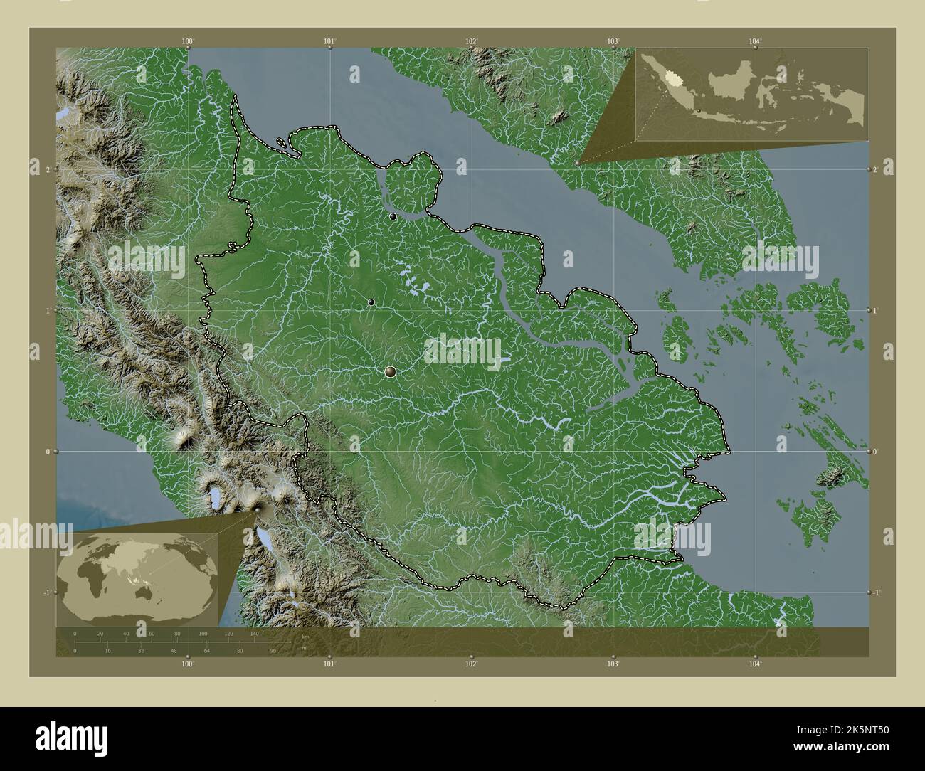 Riau, province of Indonesia. Elevation map colored in wiki style with lakes and rivers ...