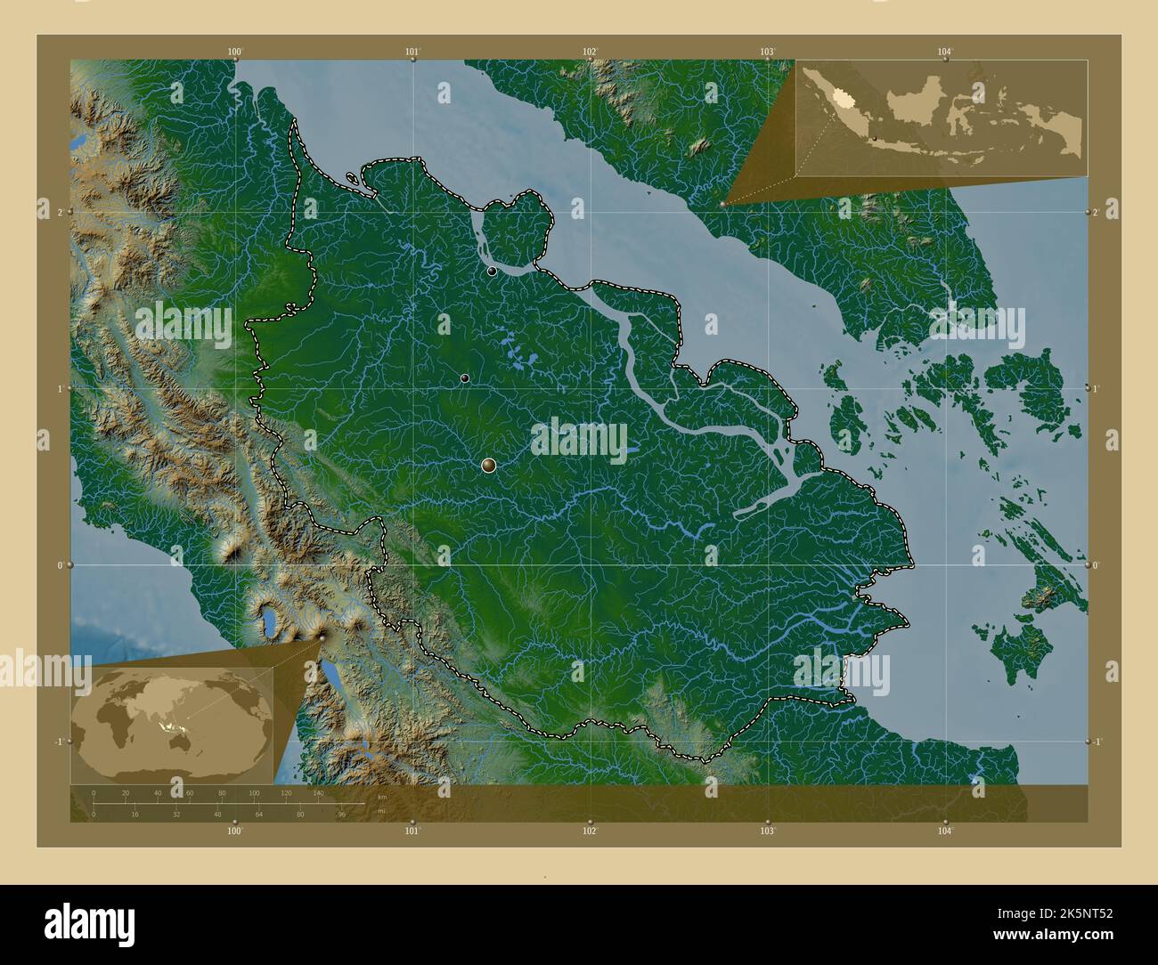 Riau, province of Indonesia. Colored elevation map with lakes and ...