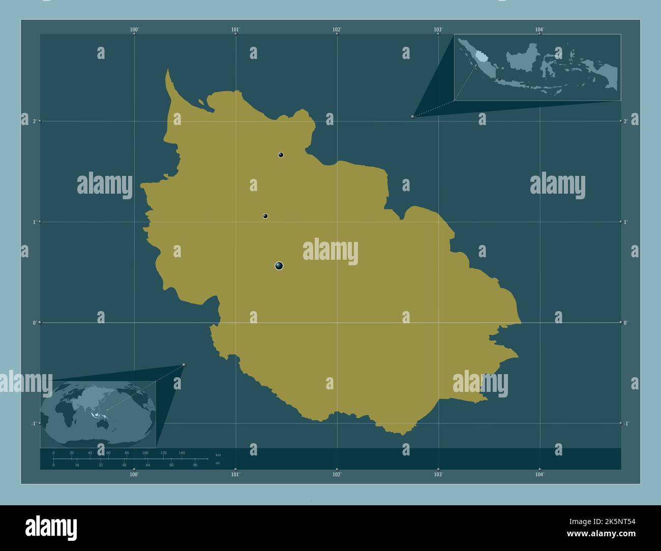 Riau, province of Indonesia. Solid color shape. Locations of major ...