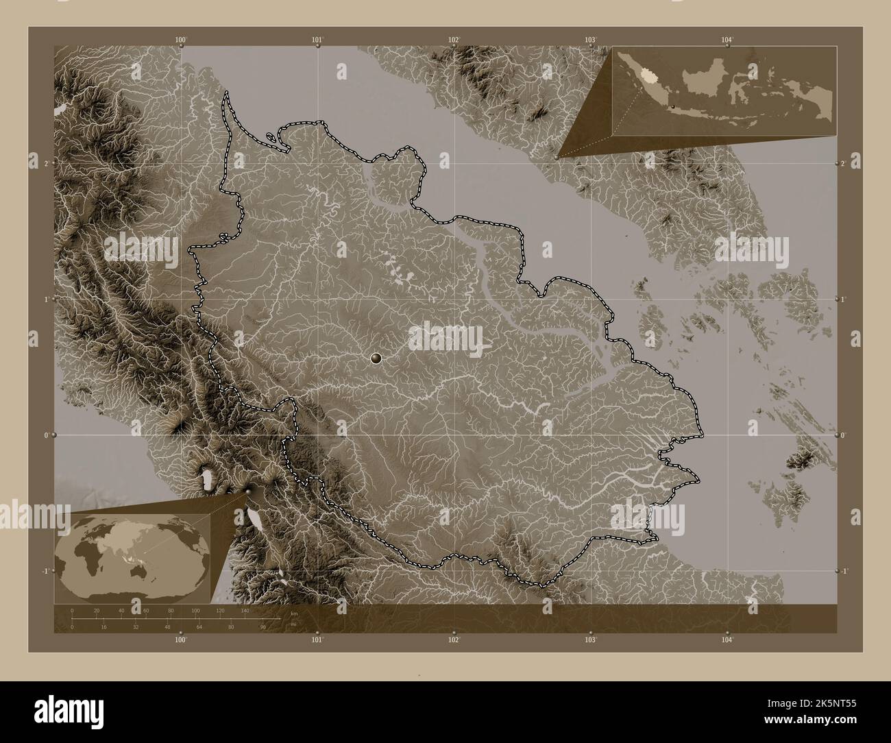 Riau, province of Indonesia. Elevation map colored in sepia tones with ...