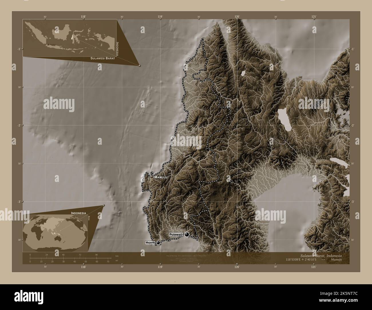 Sulawesi Barat, province of Indonesia. Elevation map colored in sepia tones with lakes and ...