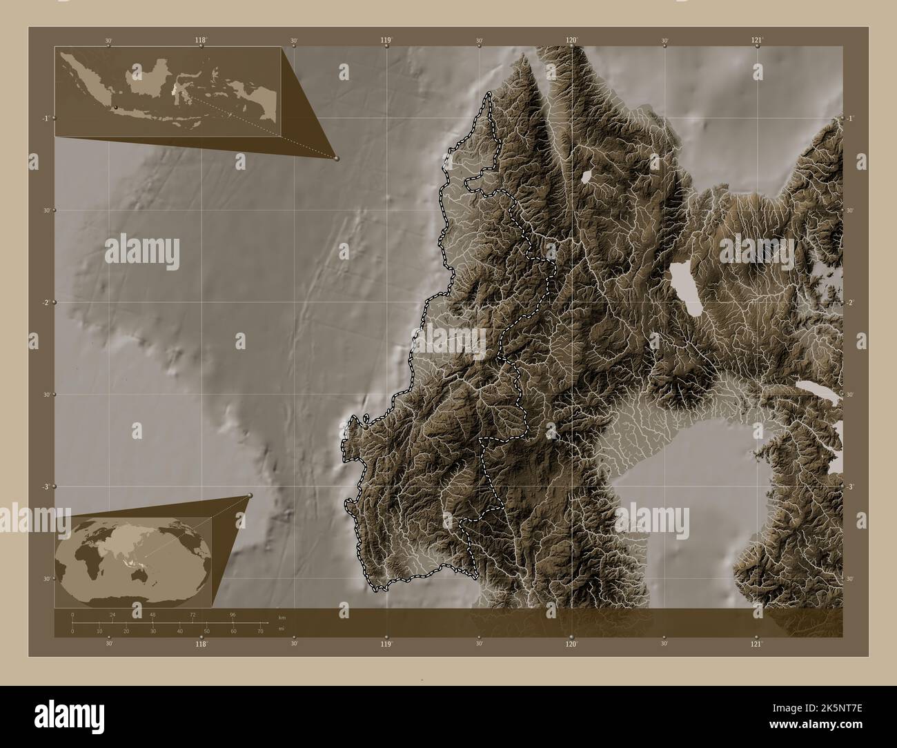 Sulawesi Barat, province of Indonesia. Elevation map colored in sepia ...