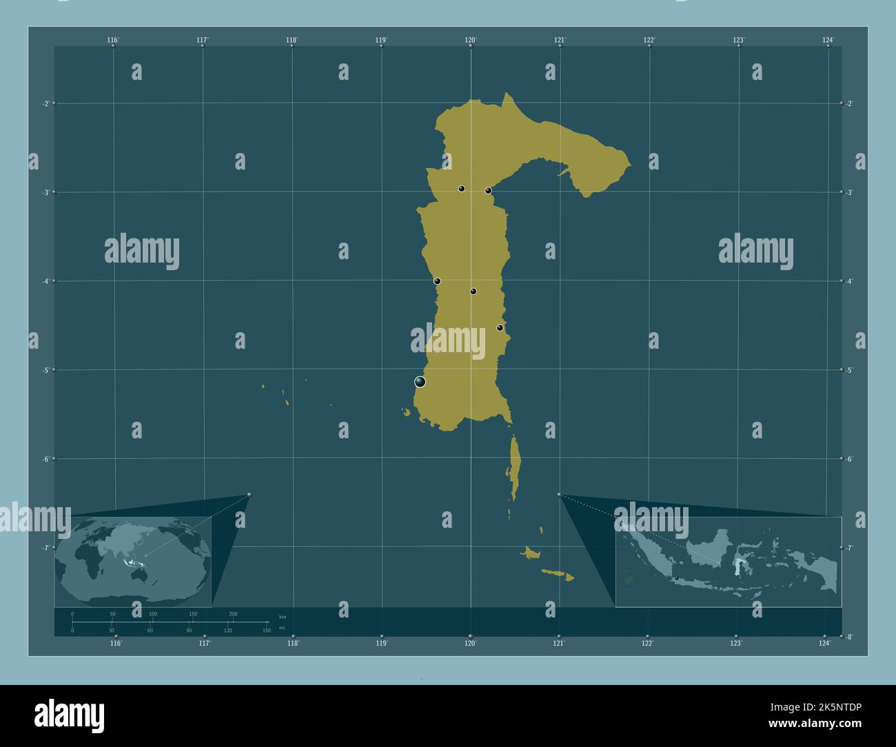 Sulawesi Selatan, province of Indonesia. Solid color shape. Locations ...
