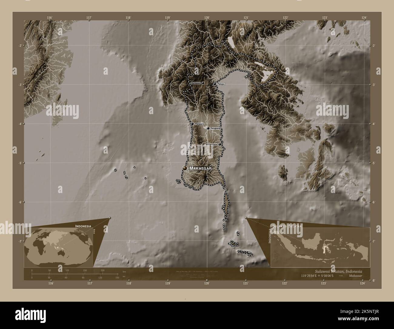 Sulawesi Selatan, province of Indonesia. Elevation map colored in sepia ...