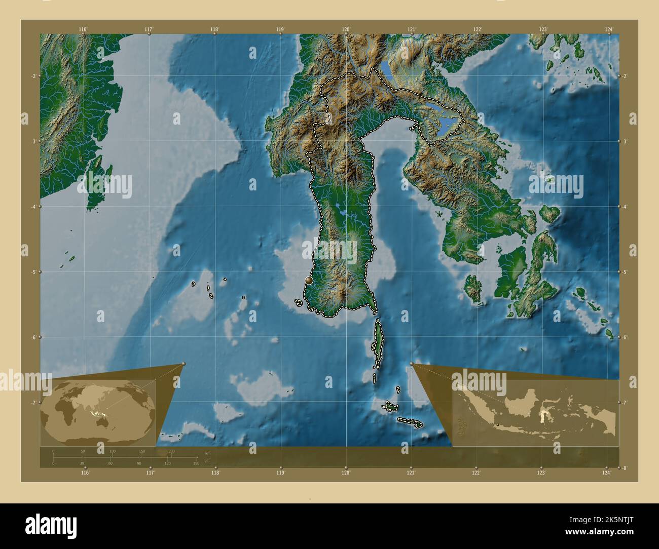 Sulawesi Selatan, province of Indonesia. Colored elevation map with lakes and rivers. Corner ...