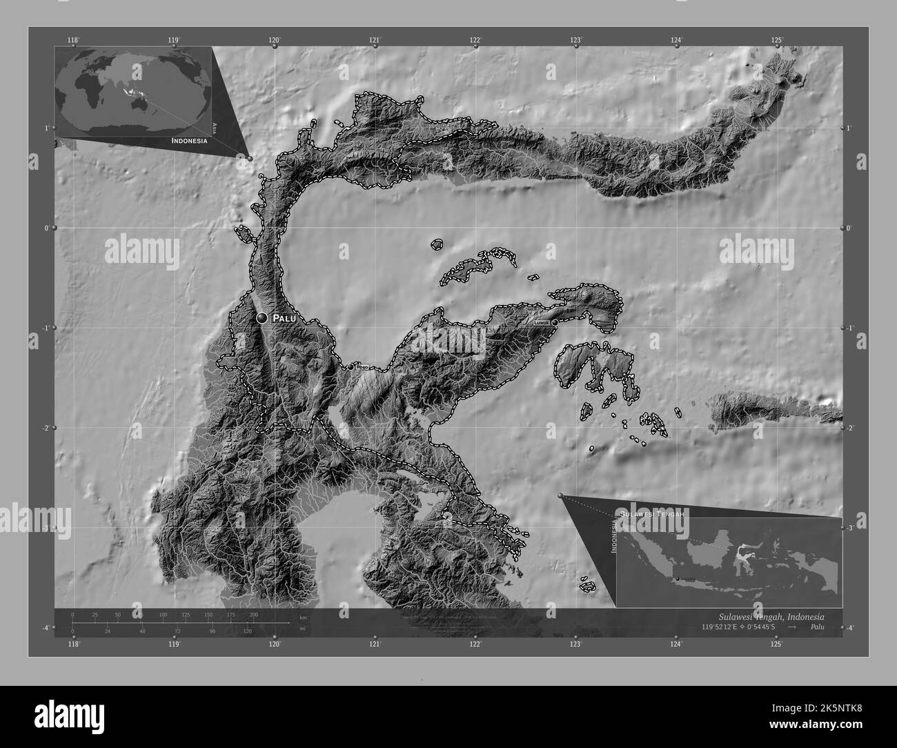 Sulawesi Tengah, province of Indonesia. Bilevel elevation map with ...