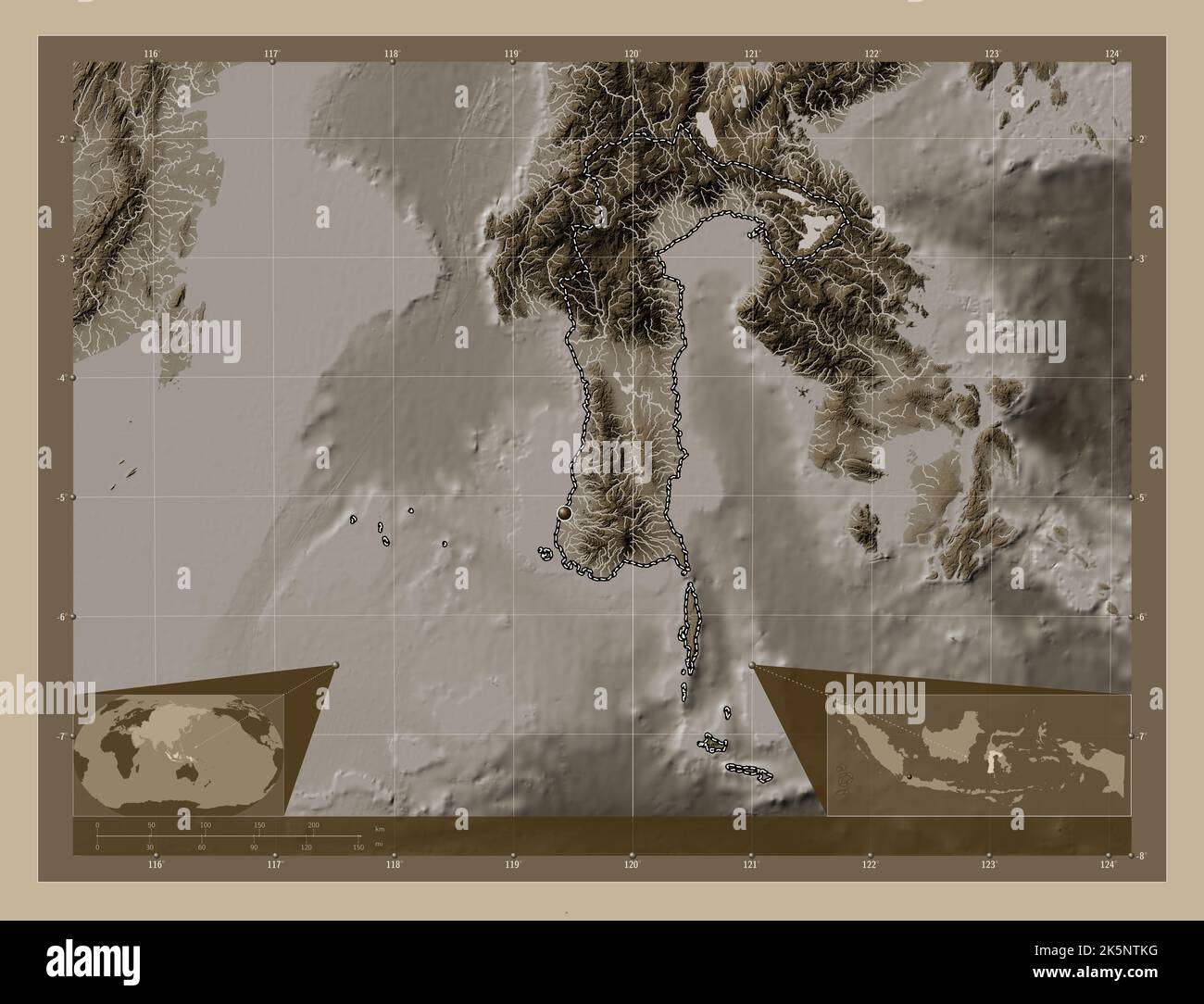 Sulawesi Selatan, province of Indonesia. Elevation map colored in sepia ...